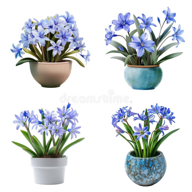 Four Potted Plants with Blue Flowers Stock Image - Illustration of ...