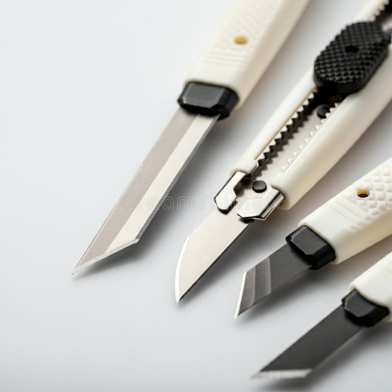 Four Precision Knives with White Handles on a Light Surface. Each Knife ...