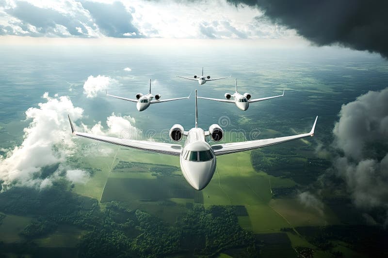 Four Private Jets Flying in Formation Over Green Landscape Stock Photo ...