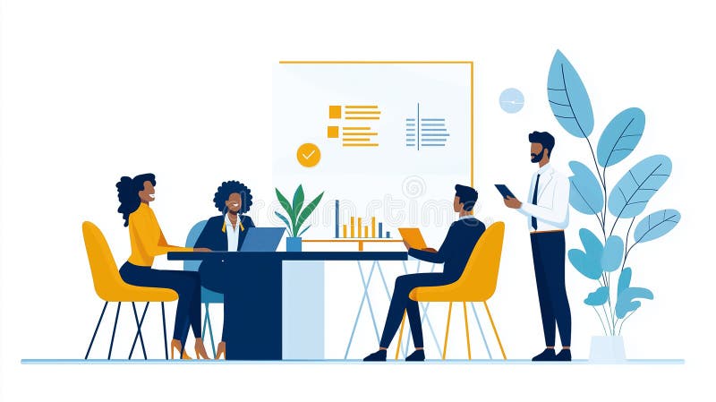 Four Professionals Discuss at a Table, Using Devices and Reviewing Data ...