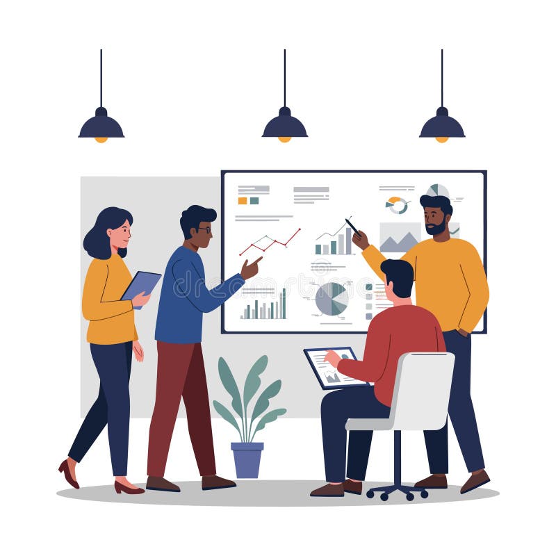 Four Professionals Engaged in a Collaborative Meeting with Data Visuals ...