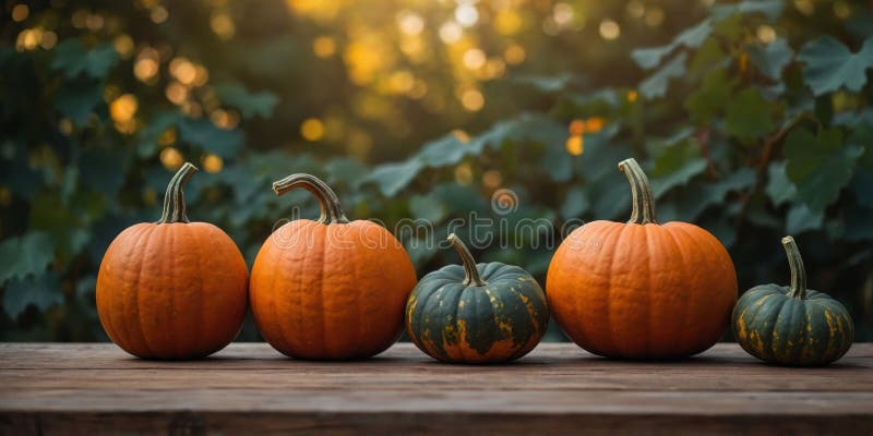 Four Pumpkins are Sitting on a Wooden Table with Leaves in the ...