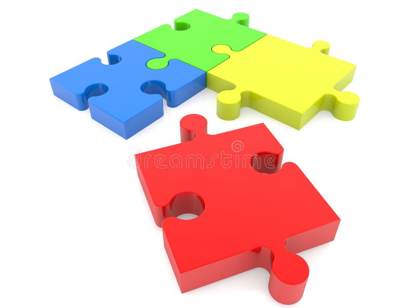 Four Puzzle Pieces of Different Colors in an Unfinished Object Stock ...