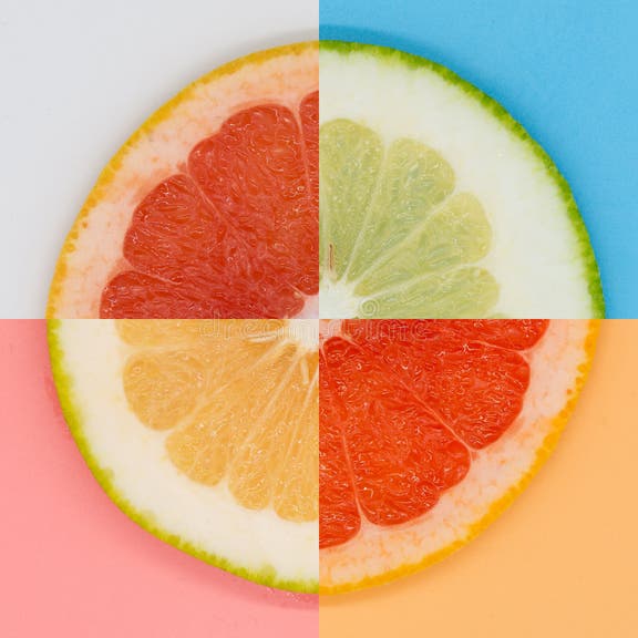 Four Quarters of Grapefruit and Sweety on Various Colored Backgrounds ...