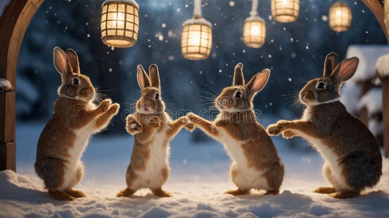 Four Adorable Rabbits Dancing in the Snow Underneath Hanging Lanterns ...