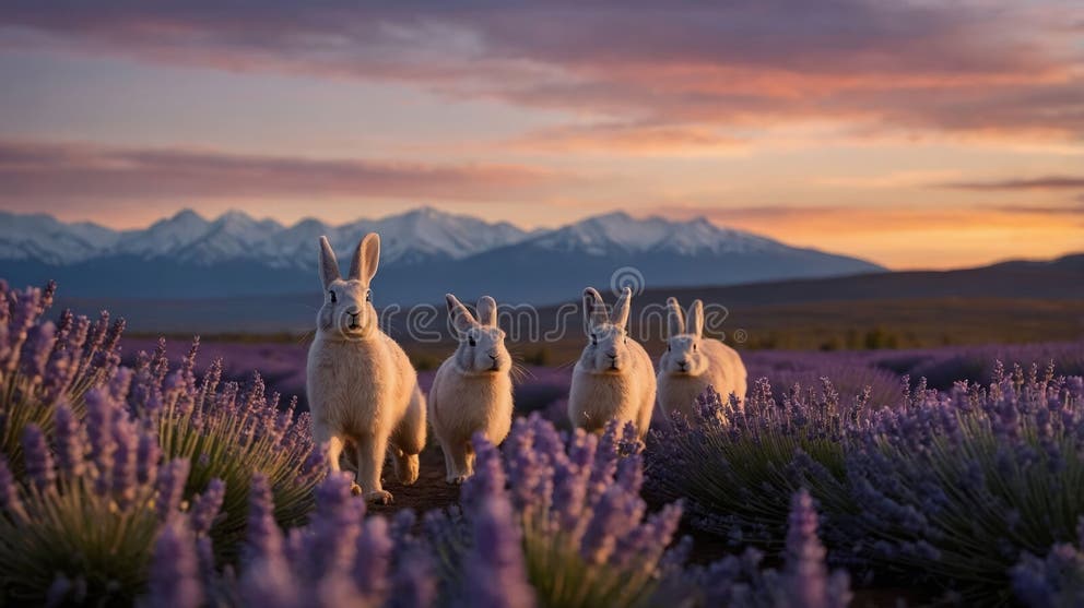 Four White Rabbits in Lavender Field at Sunset Stock Illustration ...