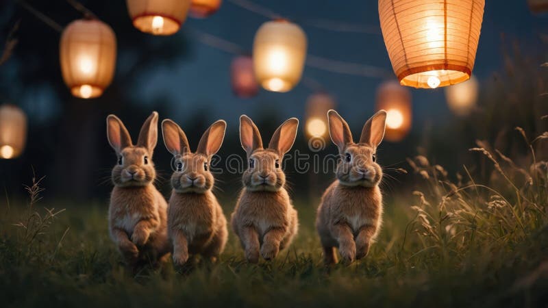 Four Adorable Brown Rabbits Hopping Towards the Light at Night Stock ...