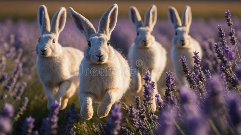 Three White Rabbits Leaping through Lavender Field at Sunset Stock ...