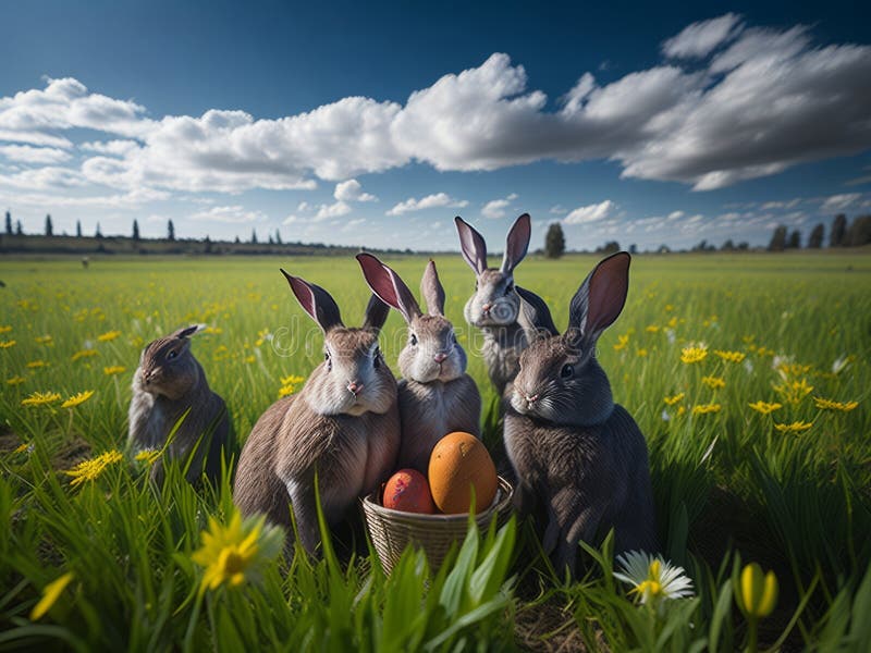 Four Rabbits Sitting in a Field with an Eggs of Easter Stock ...