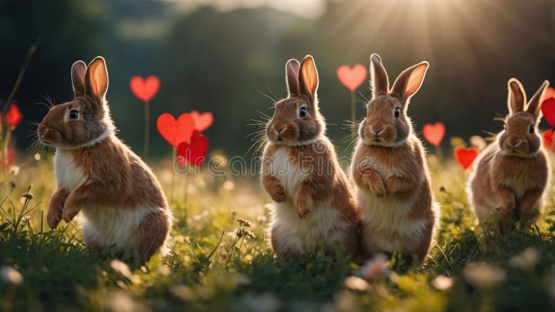 Adorable Brown Rabbits in a Field of Hearts Stock Illustration ...