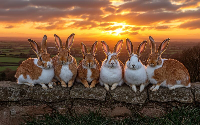 Four Rabbits on a Stone Wall at Sunset, Creating a Serene Easter Scene ...