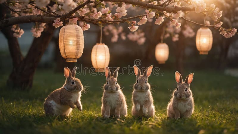 Adorable Baby Rabbits Under Cherry Blossom Tree with Lanterns Stock ...