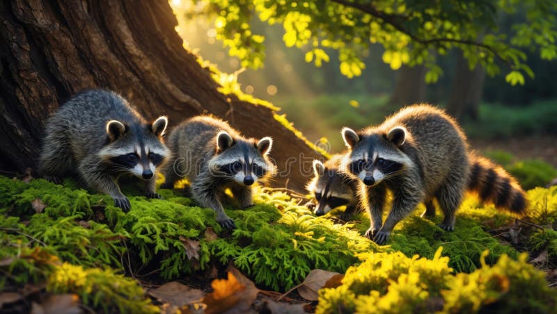Adorable Raccoon Family in Autumn Forest Sunlight Stock Illustration ...