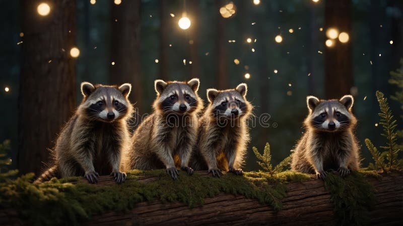Four Adorable Raccoons Sitting on a Log at Night with Fairy Lights ...