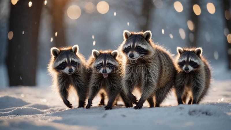 Four Adorable Raccoons Walking in Winter Snow Stock Illustration ...