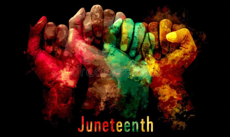 Four Raised, Multicolored Fists with the Word Juneteenth Below Them in ...