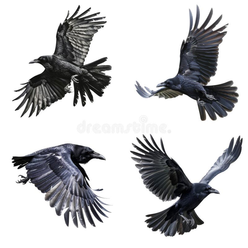 Four Ravens in Flight with Spread Wings Stock Image - Illustration of ...