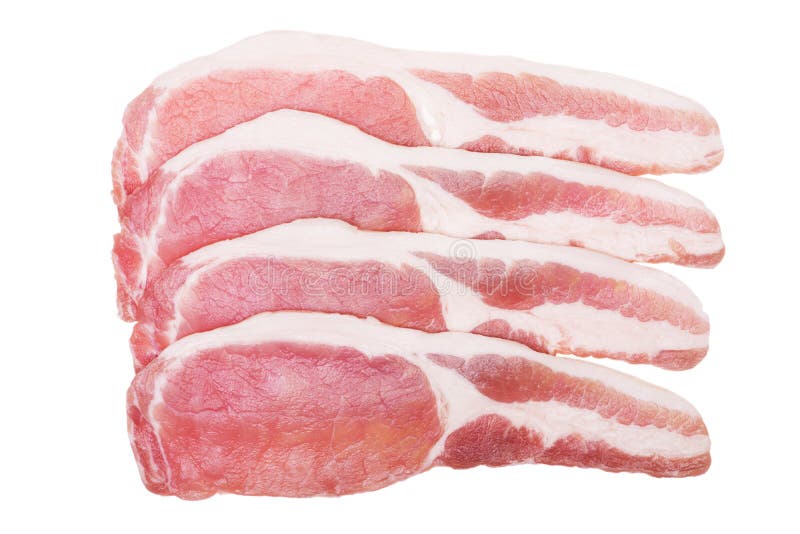 Four Raw Bacon Slices Isolated on White. from Above. Stock Photo ...