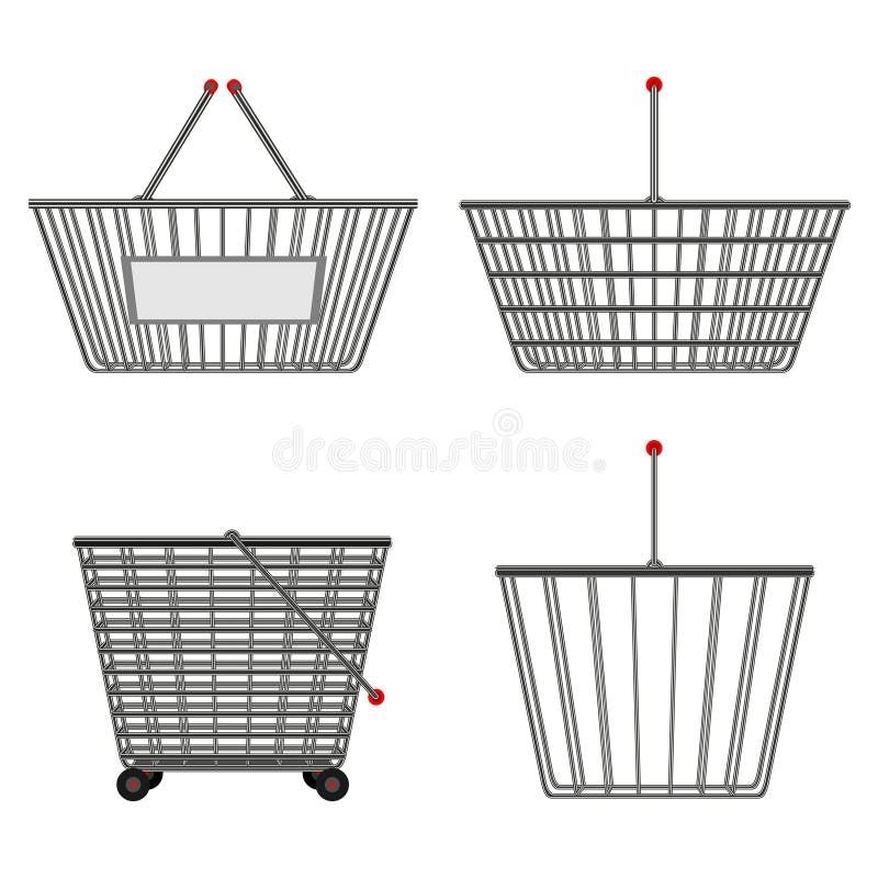 Four Realistic Metallic Chrome Wire Empty Baskets of Different Shapes ...