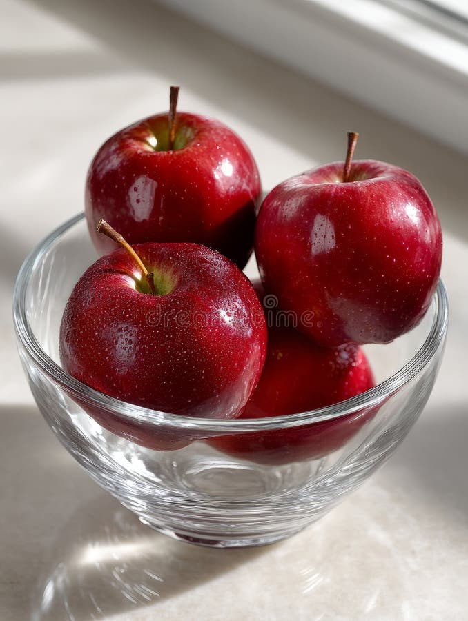 Four Red Apples in a Glass Bowl with Natural Light. Stock Image - Image ...