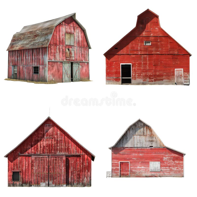 Four Red Barns with Weathered Wood and Distinctive Doors Stock Image ...