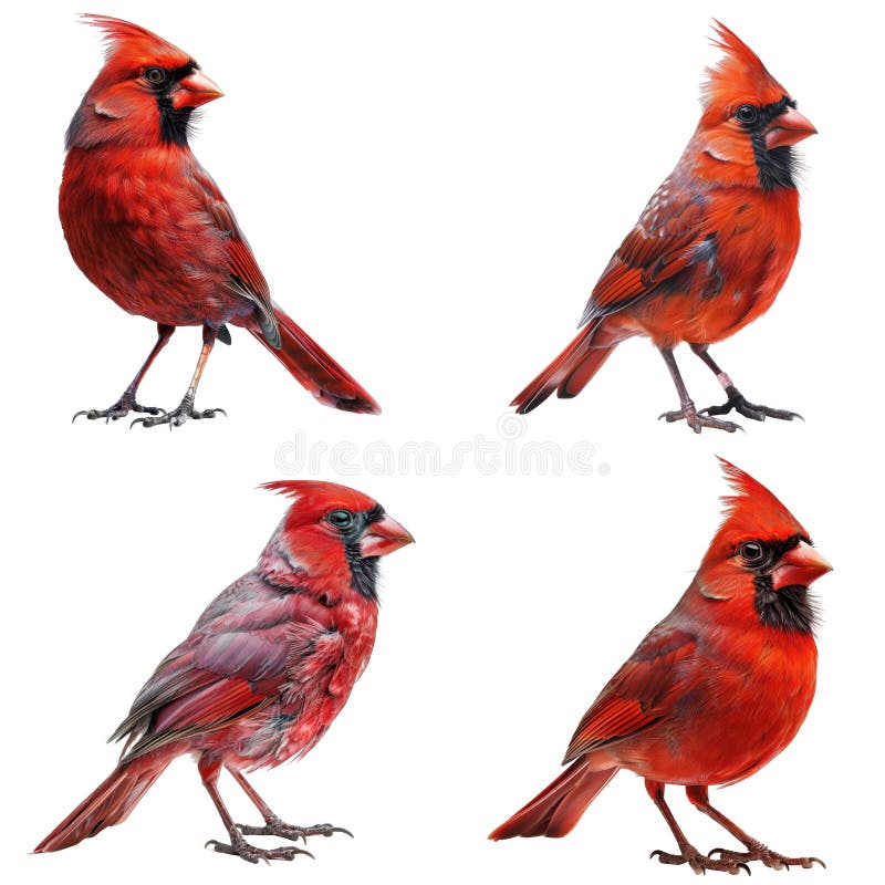 Four Red Cardinals with Different Poses on a White Background Stock ...