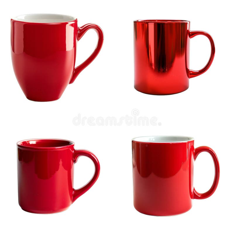 Four Red Ceramic Coffee Mugs with Different Styles and Handles Stock ...