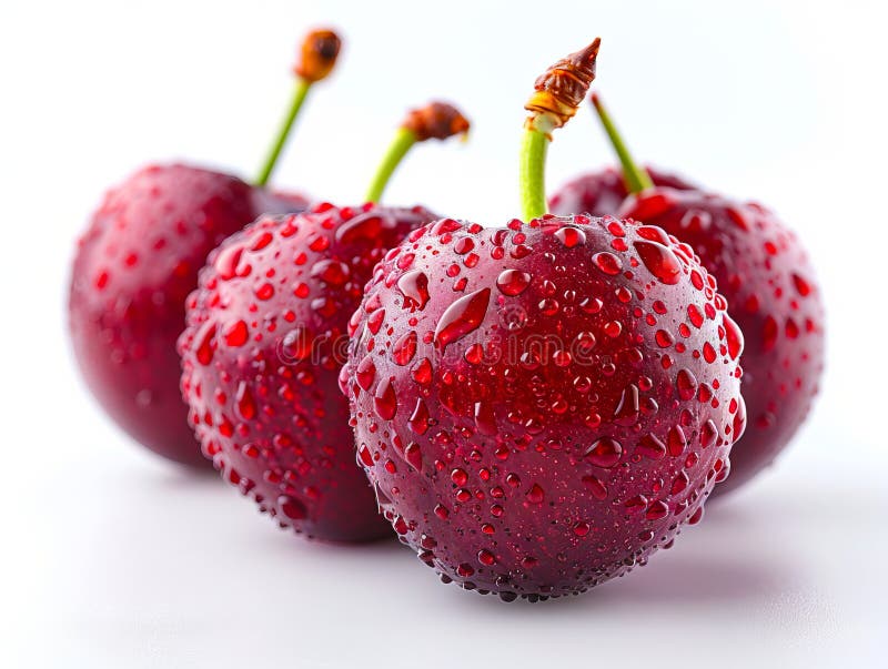 Four Red Cherries with Water Droplets on Them Stock Photo - Image of ...