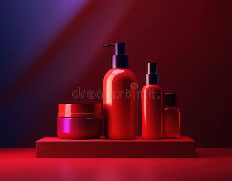 Four Red Cosmetic Bottles are Arranged on a Red Platform Against a Red ...