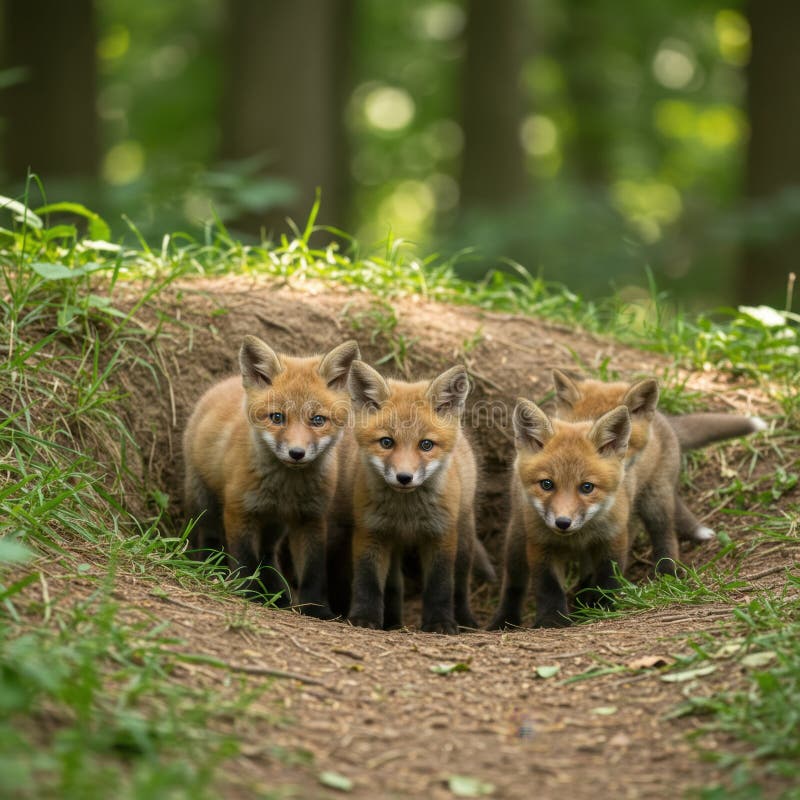 Four Red Fox Kits Emerging from Forest Den Stock Illustration ...