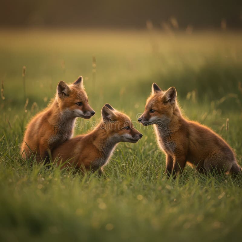 Four Red Fox Kits Playing in a Grassy Field at Sunrise Stock ...