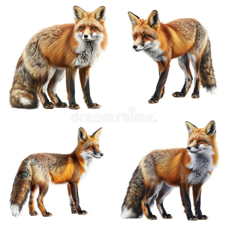Four Red Foxes Standing in Various Poses Against Stock Image ...