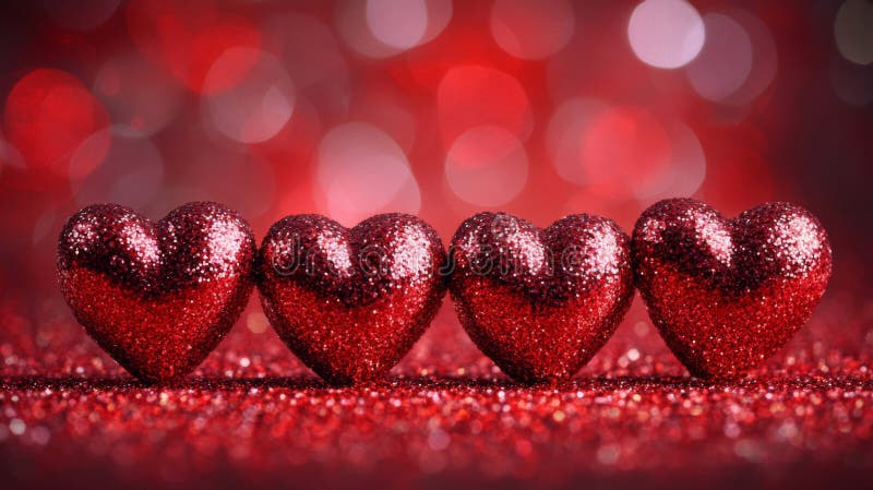 Four Red Glitter Hearts on Red Glitter Background Stock Illustration ...
