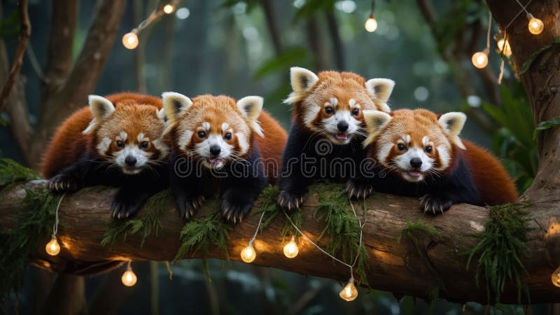 Adorable Red Pandas on a Branch with Fairy Lights Stock Illustration ...