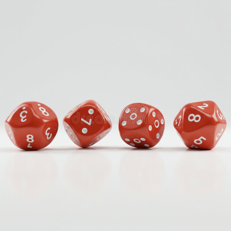 Four Red Polyhedral Dice on a White Surface. Each Die Displays Varying ...