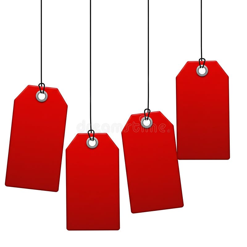 Four Red Price Tags Hang Vertically by Black Strings Against a White ...