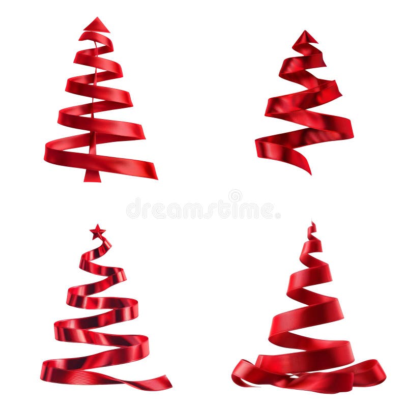 Four Red Ribbon Christmas Trees Isolated on White Stock Photo ...