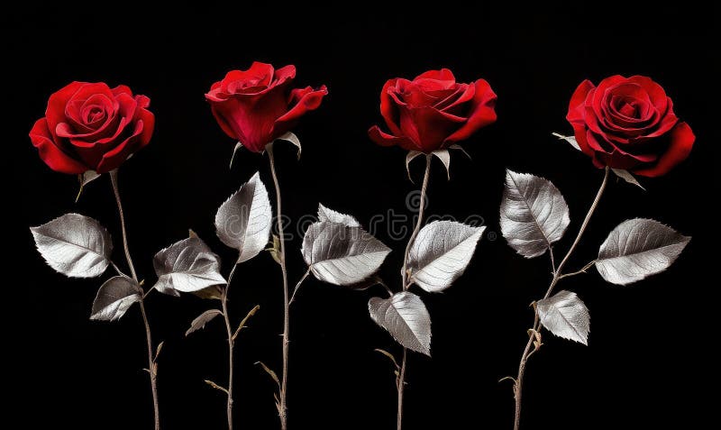 Four Red Roses with Silver Leaves Stock Photo - Image of floral, white ...