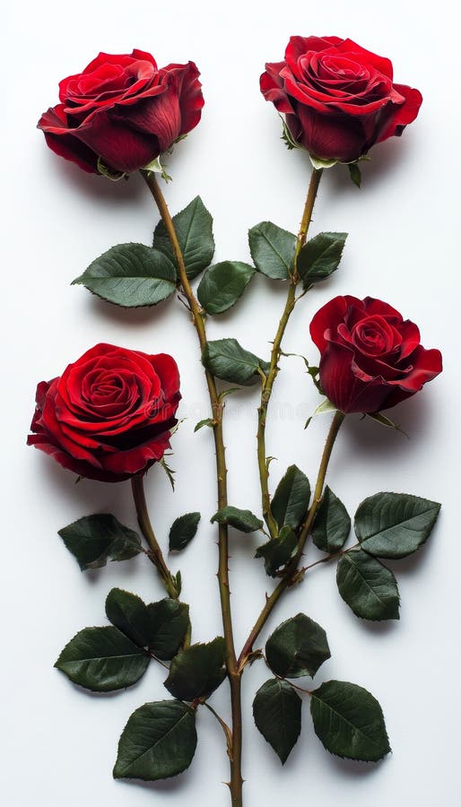 Four Red Roses on Stem with Green Leaves, Isolated on White Background ...
