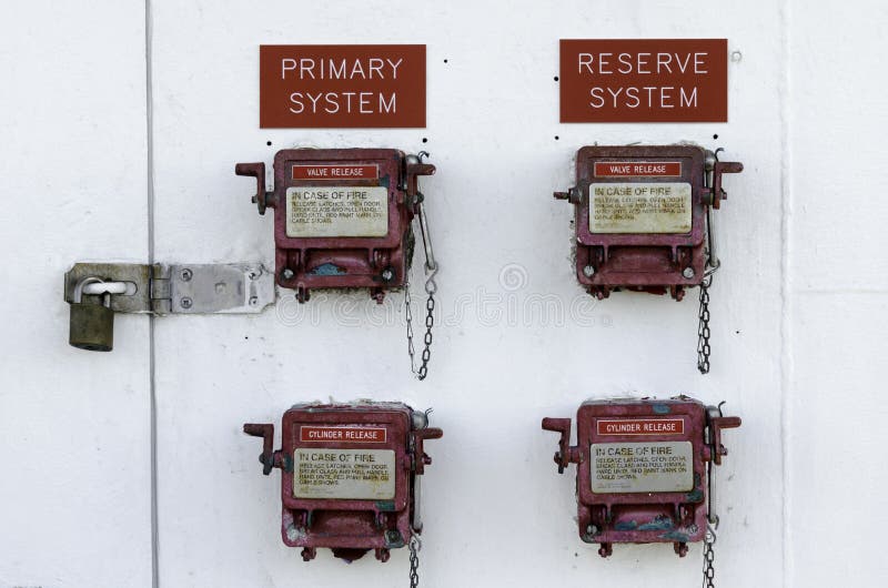 Four Red Valve Release Boxes are Mounted on a White Wall. Stock Image ...