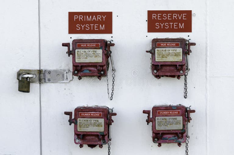 Four Red Valve Release Boxes are Mounted on a White Wall. Stock Image ...