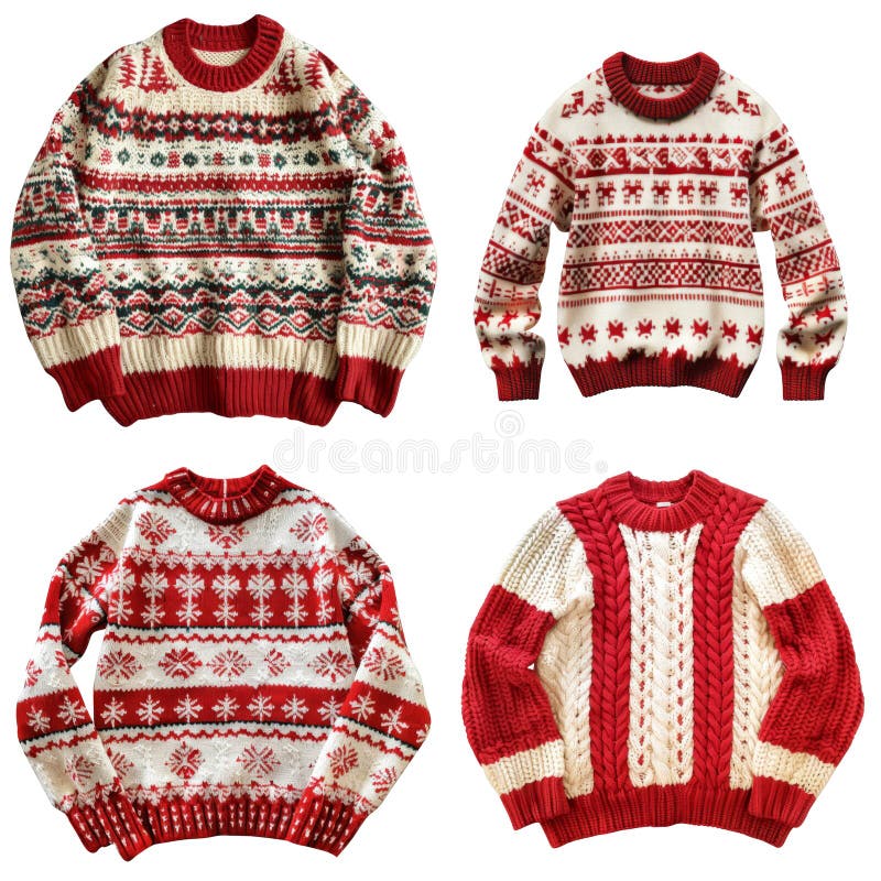 Four Red and White Knit Sweaters with Various Patterns Stock Image ...
