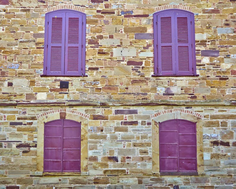 Four Red Windows on Stone Wall Stock Photo - Image of building ...