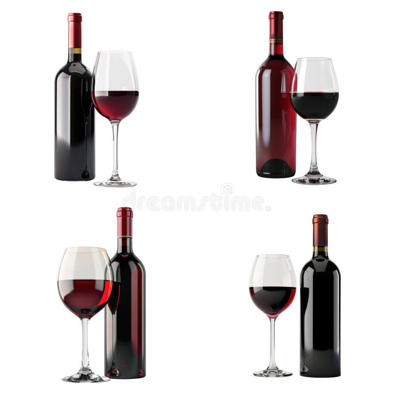 Four Red Wine Bottles and Glasses on White Background Stock Photo ...