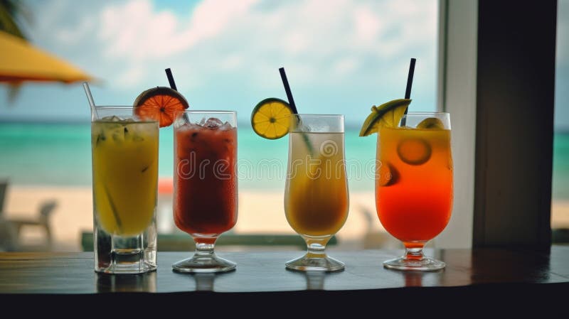 Four Refreshing Cocktails on the Table Stock Illustration ...