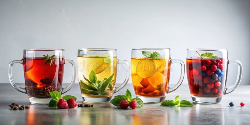 Four Refreshing Fruit and Herbal Tea Beverages in Glass Mugs ...