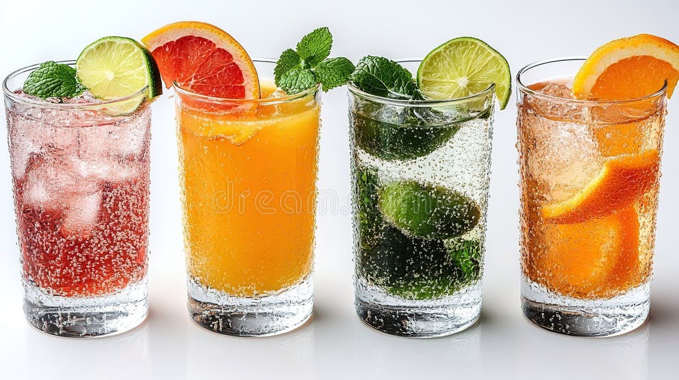 Four Refreshing Fruit-infused Drinks with Ice Stock Illustration ...