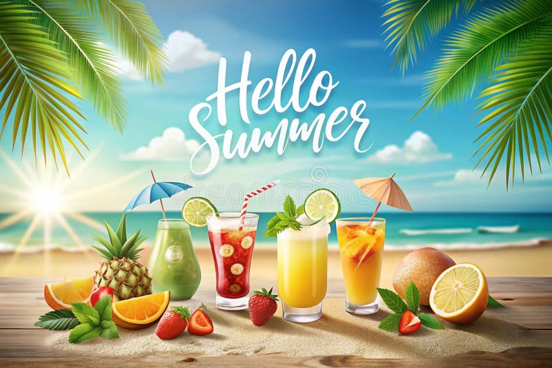 Four Refreshing Summer Cocktails on Beach with Fruits Stock Image ...