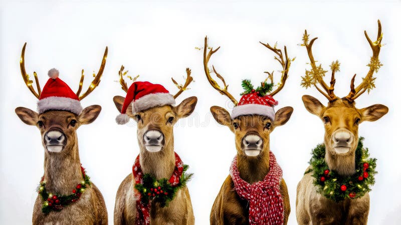 Four Reindeer Dressed for Christmas, Standing Together in a Festive ...