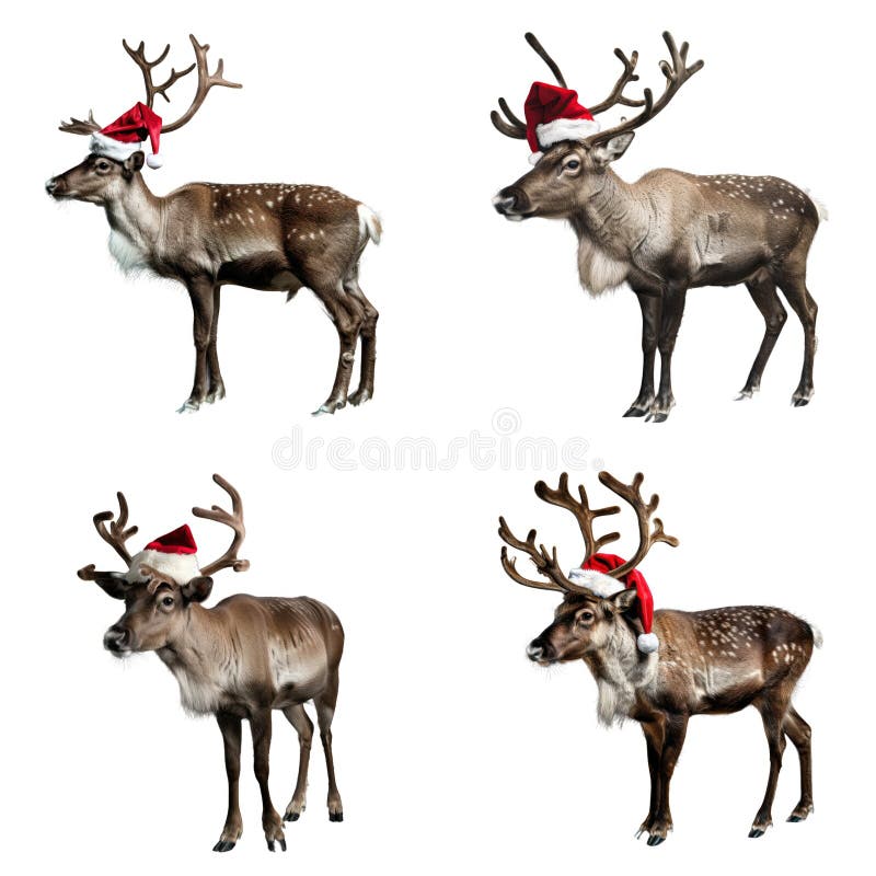 Four Reindeer Wearing Santa Hats on a White Background Stock Photo ...